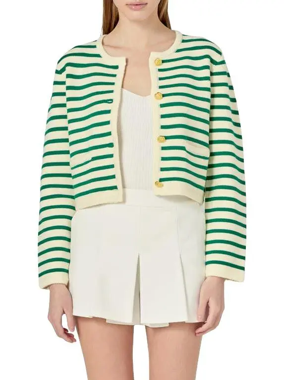 English Factory Stripe Cardigan - White/ Green