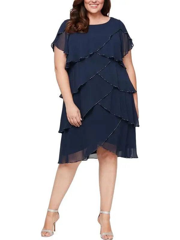 SL FASHIONS Beaded Tiered Cocktail Dress - New Navy