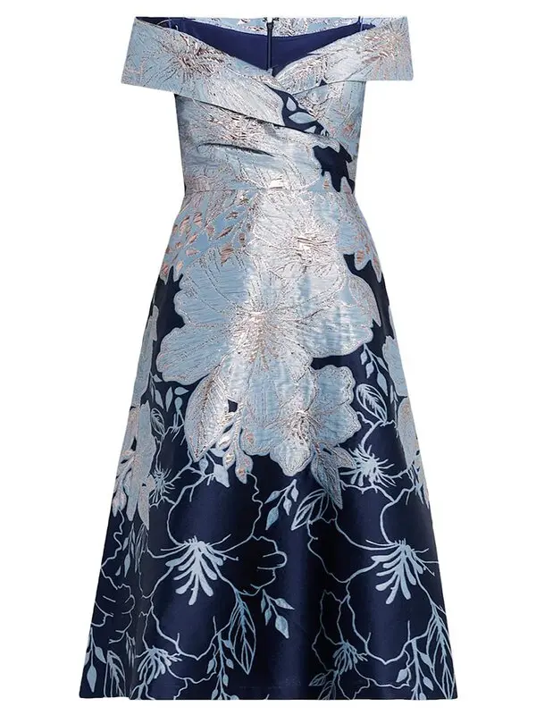 Rickie Freeman For Teri Jon Off-shoulder Floral Jacquard Midi Dress - Blue Floral