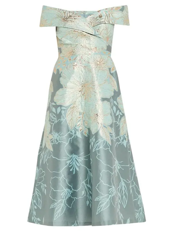 Rickie Freeman For Teri Jon Off-shoulder Floral Jacquard Midi Dress - Mint Mult