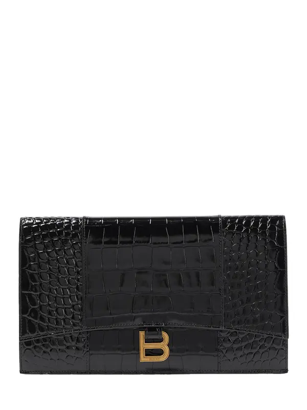 Balenciaga Hourglass Small Croc-effect Leather Clutch - Black