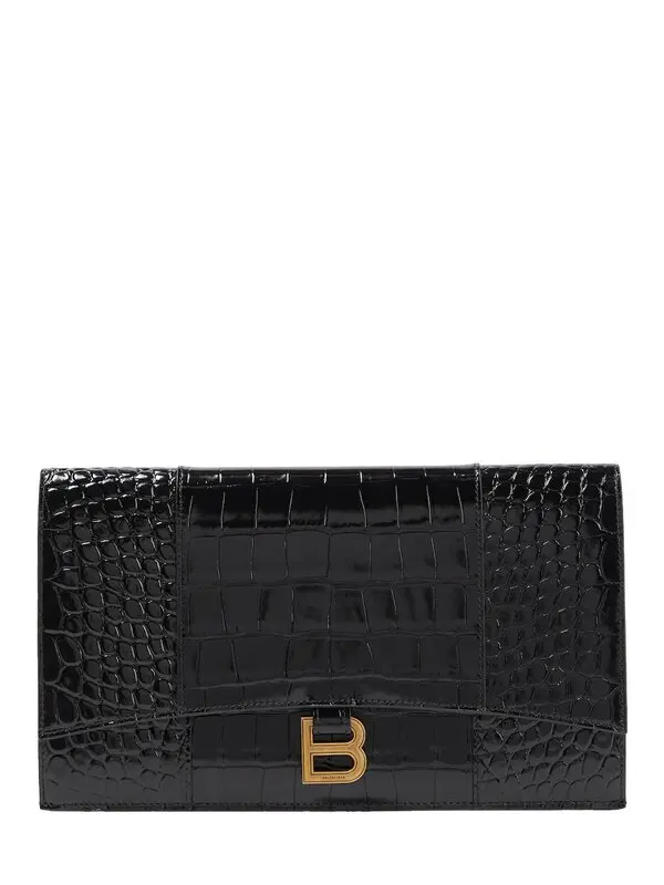 Balenciaga Hourglass Small Croc-effect Leather Clutch - Black