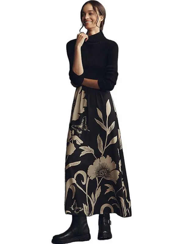 Anthropologie Thea Long-sleeve Twofer Maxi Dress - Black Floral