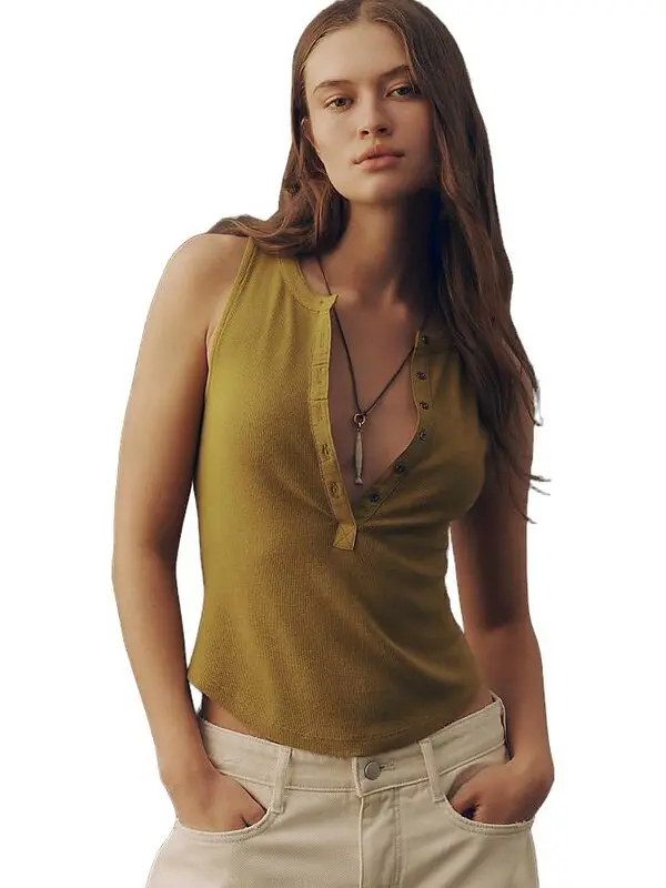 PILCRO The Andie Ribbed Henley Top - Bright Olive Oil