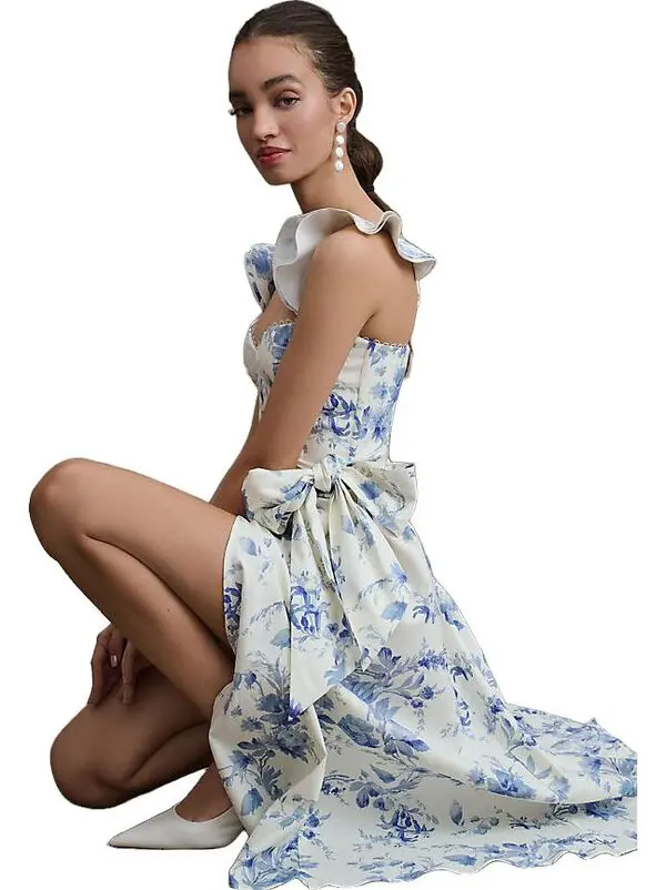 V. CHAPMAN Vera Ruffle-strap Corset Side-slit Midi Dress - Provencal Blue Floral