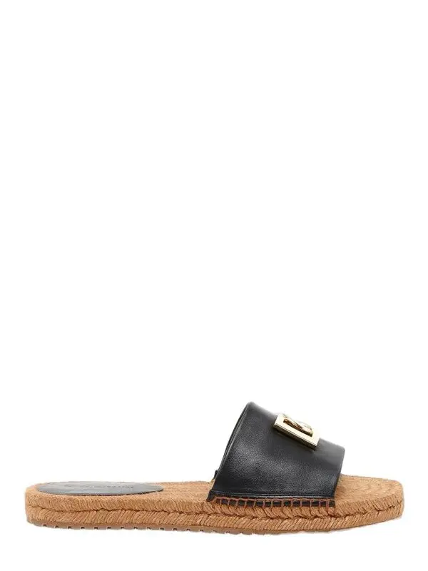Dolce & Gabbana Logo Leather Flat Espadrille Sandals - Nero
