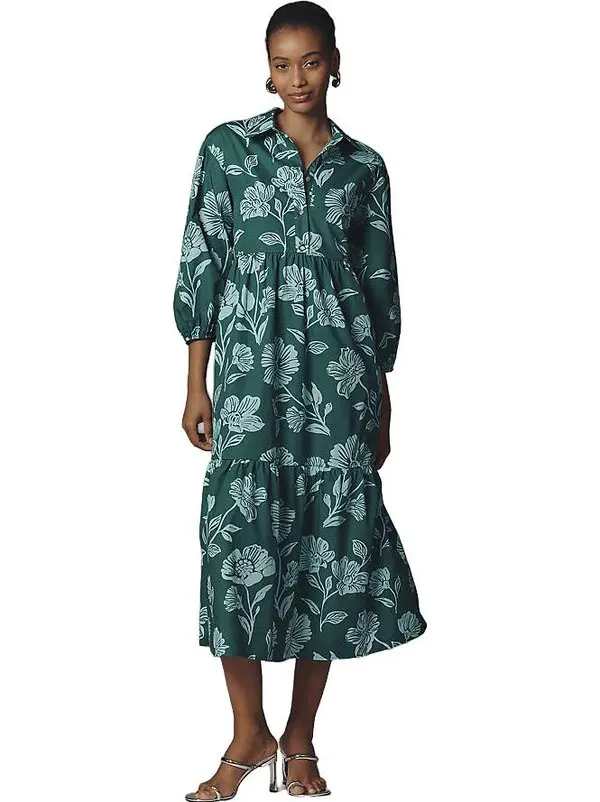 Maeve The Bettina Tiered Shirt Dress - Green Floral