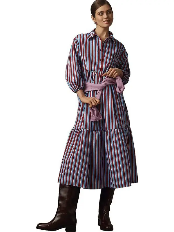 Maeve The Bettina Tiered Shirt Dress - Purple Stripe