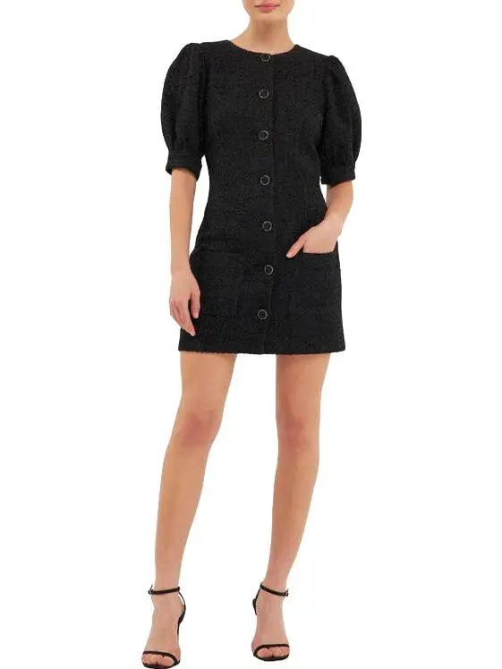 Endless Rose Puff Sleeve Tweed Mini Dress - Black