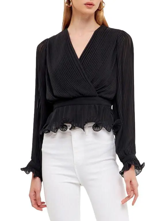 Endless Rose Surplice Pleated Blouse - Black
