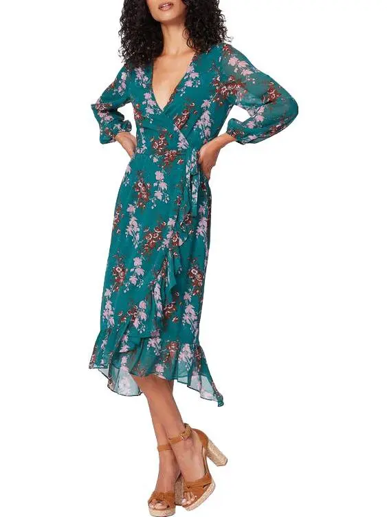 Paige Palazzo Print Long Sleeve Silk Wrap Dress - Dark Aqua Multi