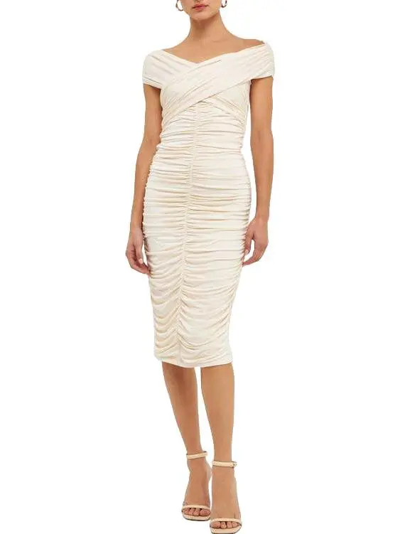 Endless Rose Off-the-shoulder Ruched Midi Dress - Cream