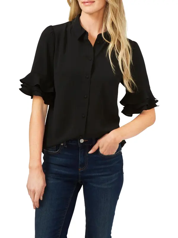 CECE DUPRAZ Ruffle Sleeve Crepe Button-up Shirt - Rich Black