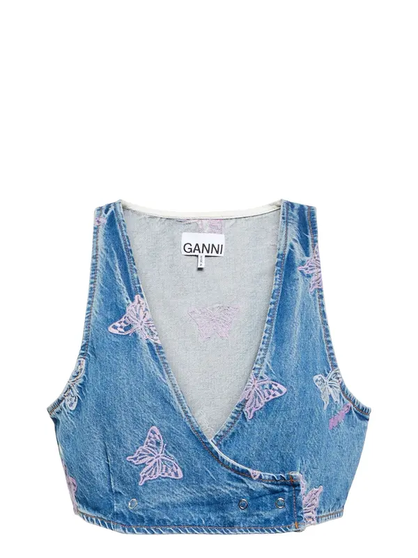 GANNI Embroidered Denim Crop Top - Blue