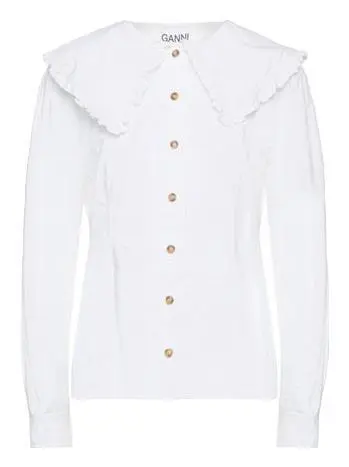 GANNI Organic Cotton Ruched Shirt With Ruffles - White