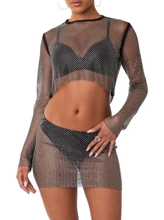 EDIKTED Embellished Sheer Fishnet Crop Top - Silver