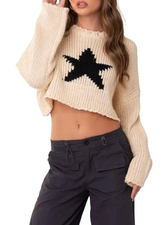 EDIKTED Mega Star Crop Sweater - Cream