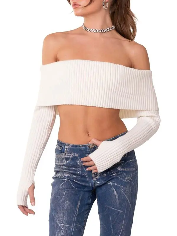 EDIKTED Astrea Off The Shoulder Crop Sweater - Cream