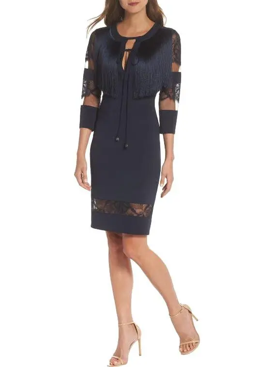 Tadashi Shoji Fringe Sheath Dress - Navy