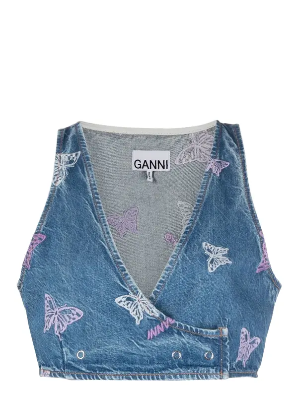 GANNI Embroidered Denim Crop Top - Blue