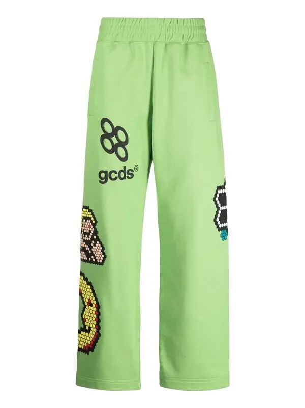 Gcds Plush Motif-print Wide-leg Track Pants - Green