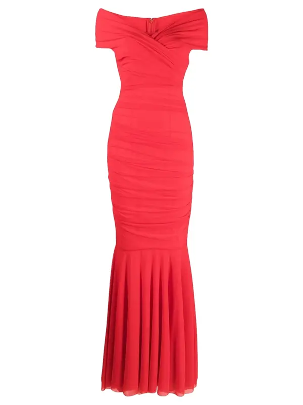 Talbot Runhof Fitted Bardot Gown - Red