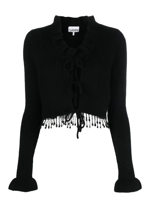 GANNI Beaded Fringe Knitted Cardigan - Black