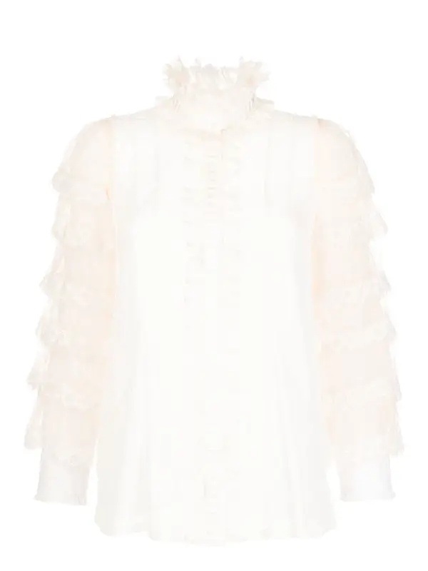 Shiatzy Chen Ruffled Mulberry Silk Blouse - White