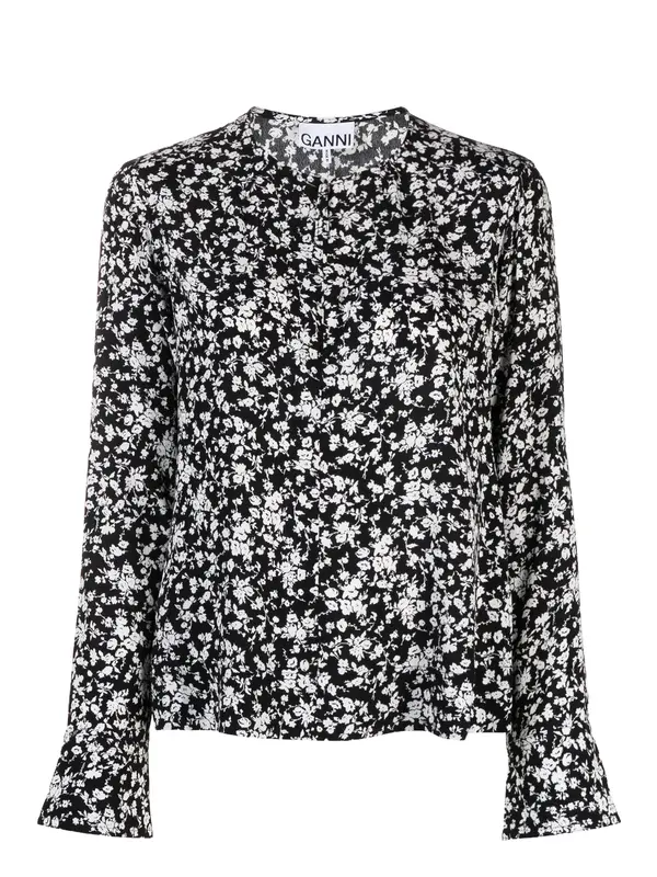 GANNI Floral-print Crepe Blouse - Black