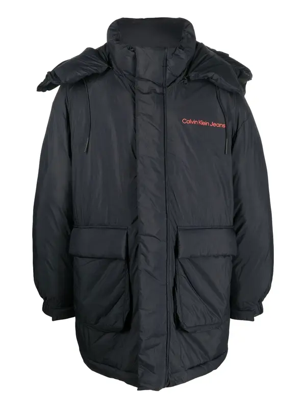 Calvin Klein Logo Print Hooded Parka - Black