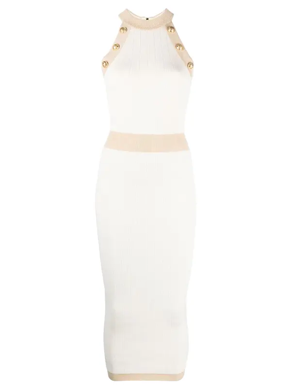 Balmain Button-detailed Knitted Halterneck Dress - Neutrals