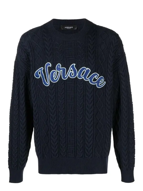 Versace Logo Appliqué Cable-knit Jumper - Blue