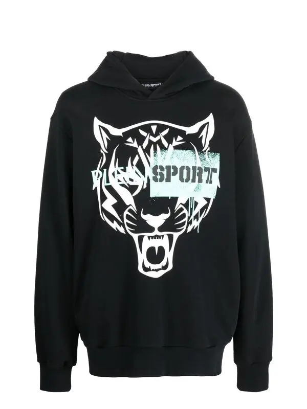 PLEIN SPORT Tiger-motif Long-sleeved Hoodie - Black
