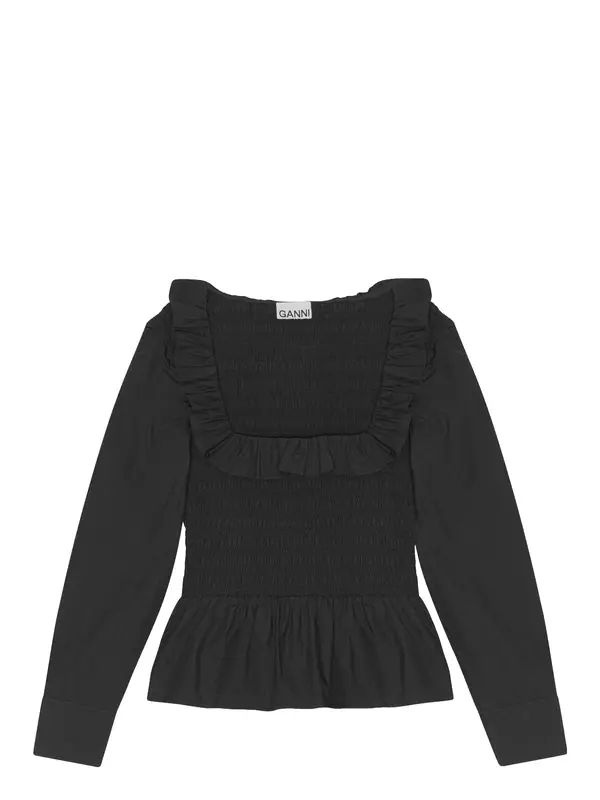 GANNI Cotton Poplin Smock Blouse - Black