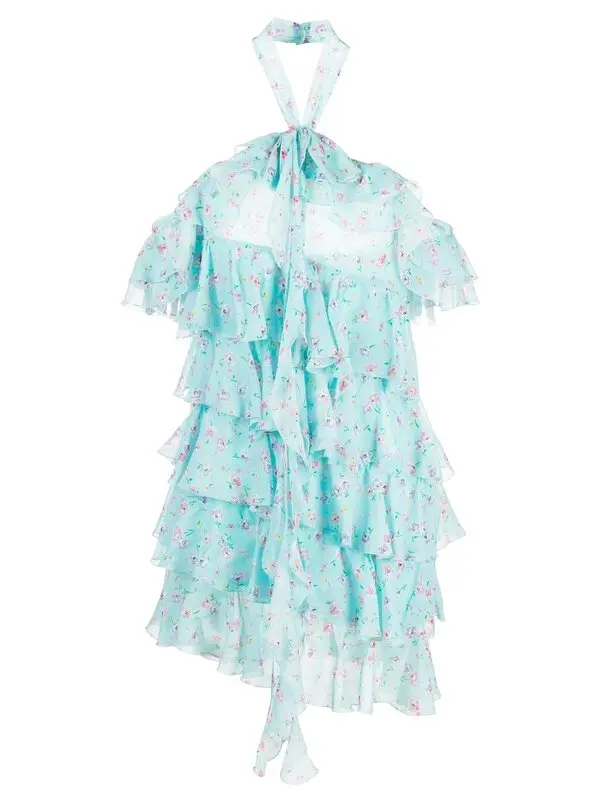 Alessandra Rich Floral-print Ruffled Dress - Blue