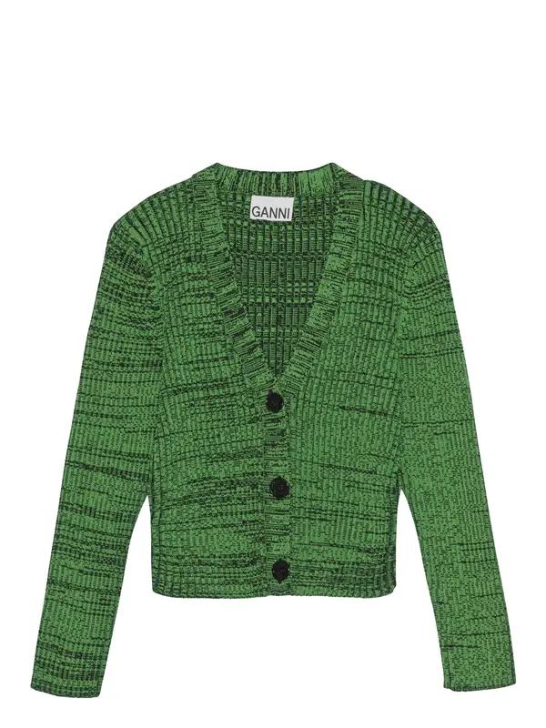 GANNI Cropped Melange Knit Cardigan - Green