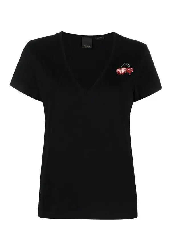 Pinko Logo-embroidered V-neck T-shirt - Black