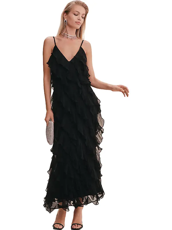 Bhldn Jia Bias-cut Ruffled V-neck Gown - Black