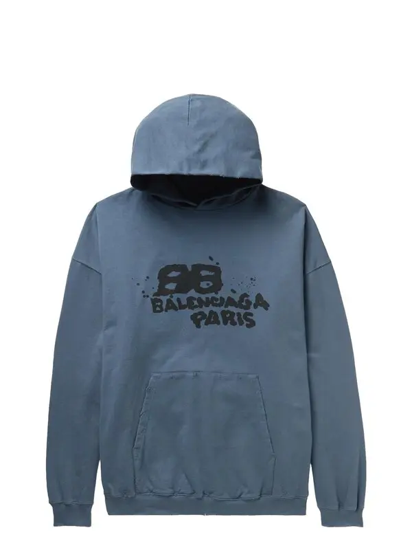 Balenciaga Oversized Distressed Logo-print Hoodie - Blue