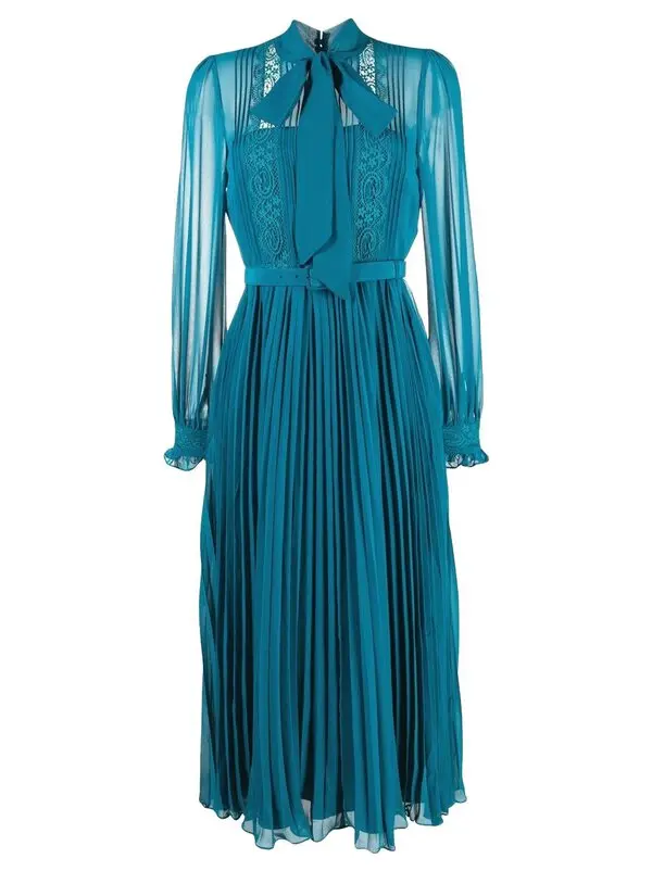 SELF-PORTRAIT Bow-detail Pleated Chiffon Dress - Blue