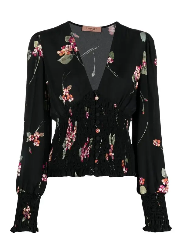 TWINSET Floral-print V-neck Blouse - Black