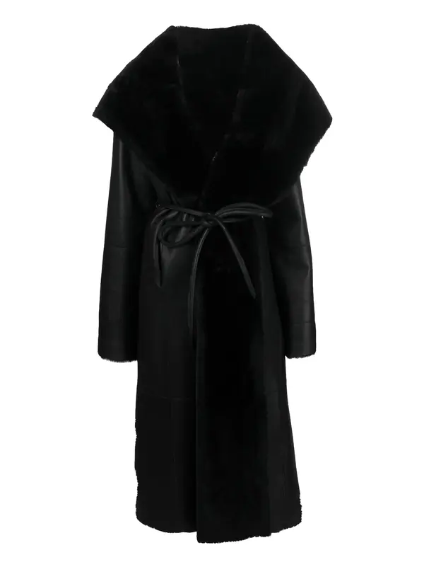 LISKA Tie-front Sheepskin Coat - Black