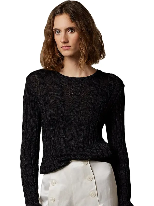 Ralph Lauren Cable-knit Silk Crewneck Sweater - Black