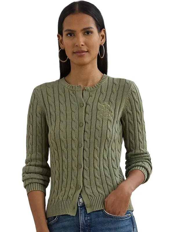 Ralph Lauren Cable-knit Cotton Crewneck Cardigan - Sage Green