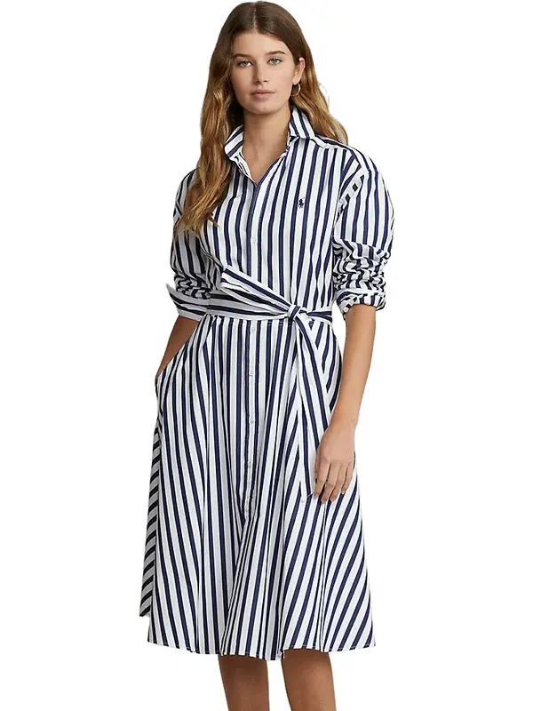 Ralph Lauren Belted Striped Cotton Shirtdress - A Navy/white