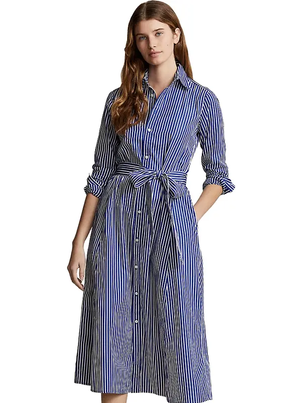 Ralph Lauren Belted Striped Cotton Shirtdress - Bright Navy & White