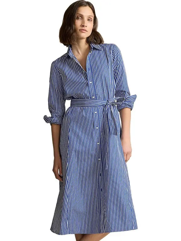 Ralph Lauren Belted Striped Shirtdress - Bright Navy & White
