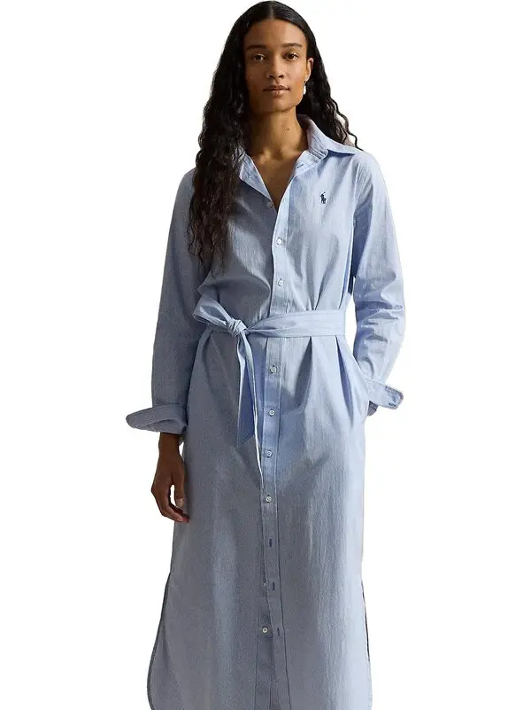Ralph Lauren Belted Striped Shirtdress - Medium Blue White