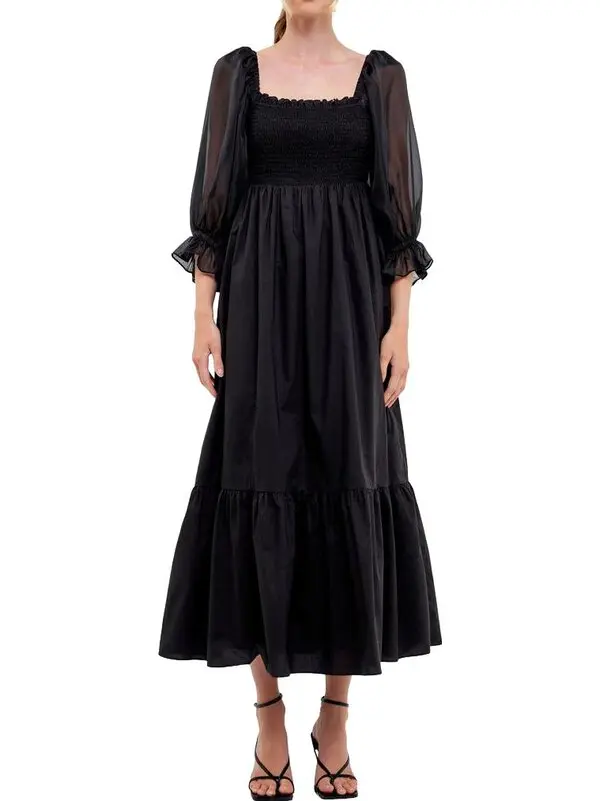 English Factory Smocked Poplin & Organza Midi Dress - Black