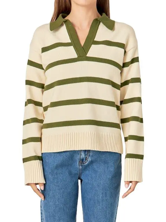 English Factory Stripe Collared Sweater - Cream/ Olive